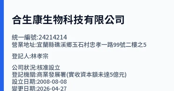 合生康生物科技有限公司的照片-統編 24214214(宜蘭縣) 公司登記資料與營業項目詳細圖表