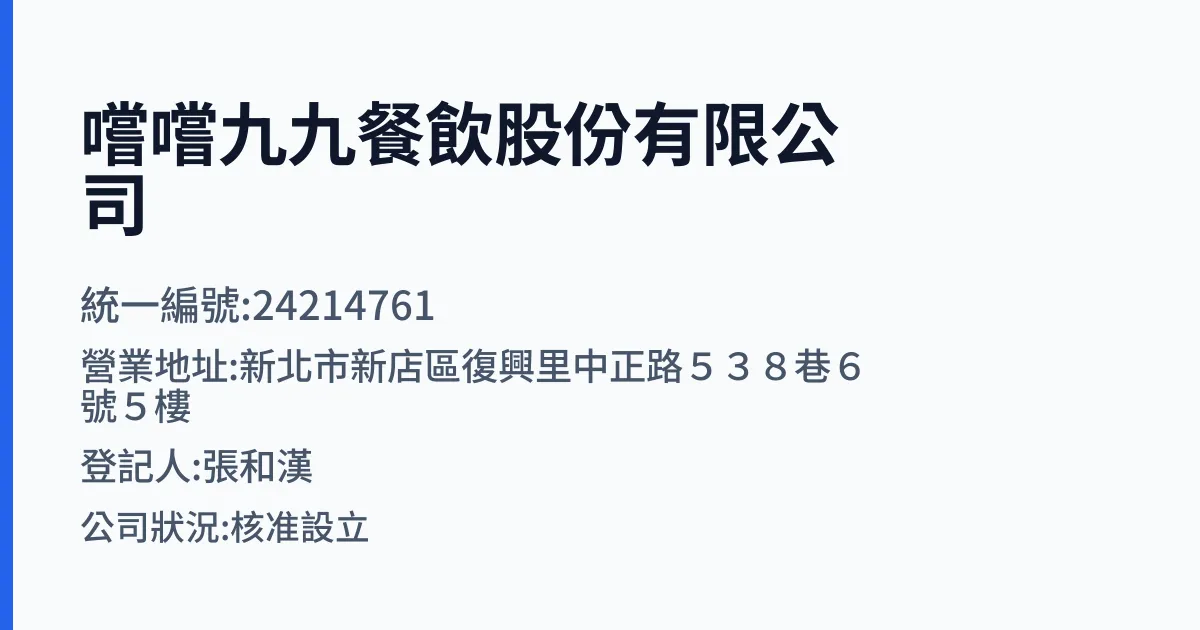 嚐嚐九九餐飲股份有限公司 - 統編 24214761(新北市) 公司登記資料與營業項目詳細圖表