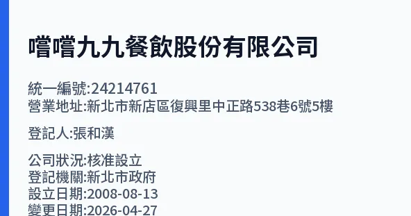 嚐嚐九九餐飲股份有限公司的照片-統編 24214761(新北市) 公司登記資料與營業項目詳細圖表