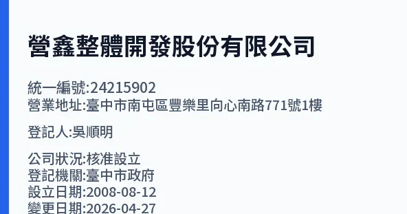 營鑫整體開發股份有限公司的照片-統編 24215902(臺中市) 公司登記資料與營業項目詳細圖表