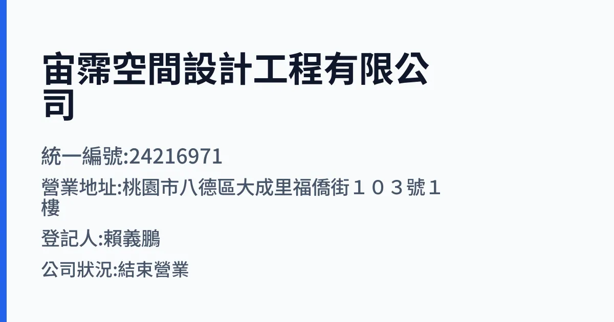 宙霈空間設計工程有限公司 - 統編 24216971(桃園市) 公司登記資料與營業項目詳細圖表