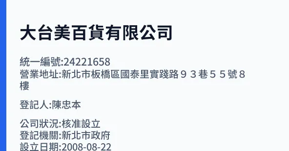 大台美百貨有限公司的照片-統編 24221658(新北市) 公司登記資料與營業項目詳細圖表