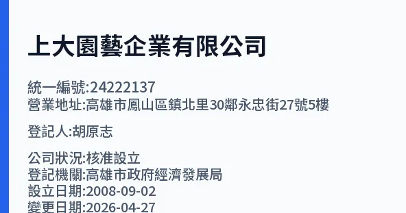 上大園藝企業有限公司的照片-統編 24222137(高雄市) 公司登記資料與營業項目詳細圖表