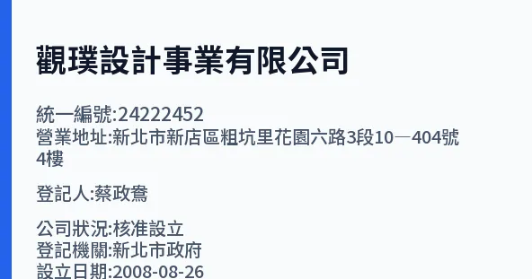 觀璞設計事業有限公司的照片-統編 24222452(新北市) 公司登記資料與營業項目詳細圖表