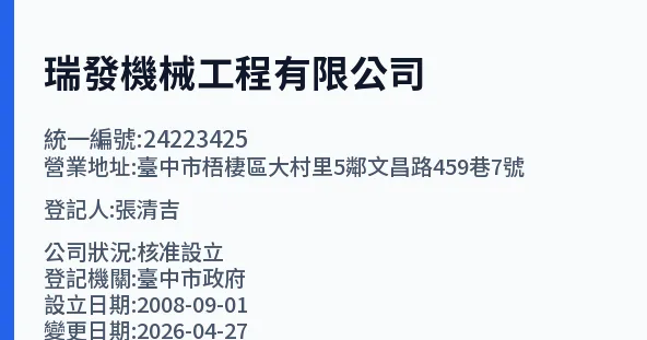 瑞發機械工程有限公司的照片-統編 24223425(臺中市) 公司登記資料與營業項目詳細圖表
