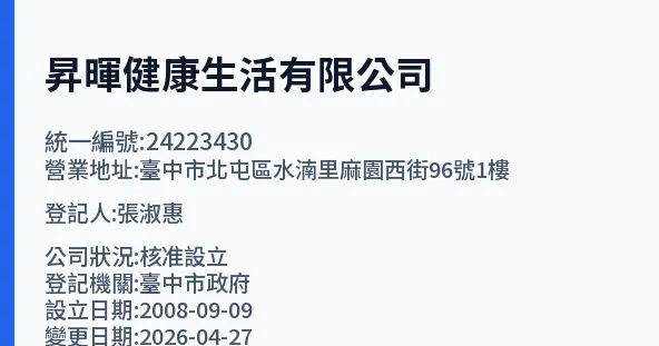 昇暉健康生活有限公司的照片-統編 24223430(臺中市) 公司登記資料與營業項目詳細圖表