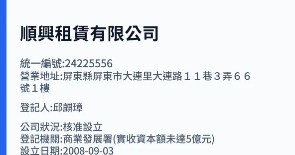 順興租賃有限公司的照片-統編 24225556(屏東縣) 公司登記資料與營業項目詳細圖表