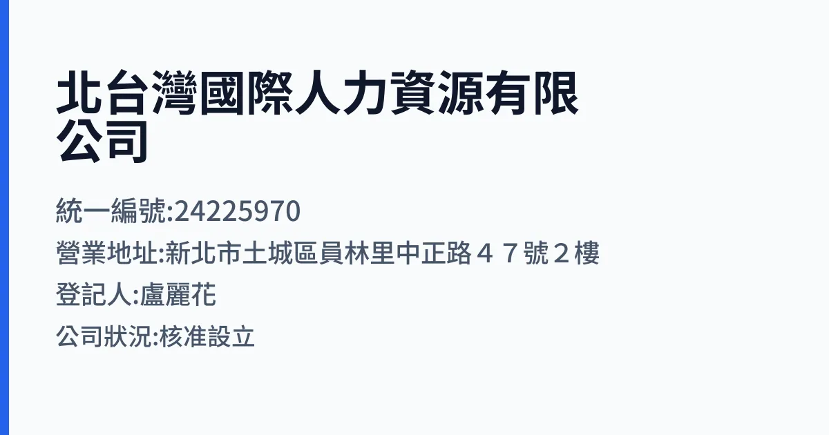 北台灣國際人力資源有限公司 - 統編 24225970(新北市) 公司登記資料與營業項目詳細圖表