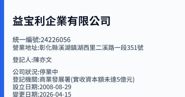 益宝利企業有限公司的照片-統編 24226056(彰化縣) 公司登記資料與營業項目詳細圖表
