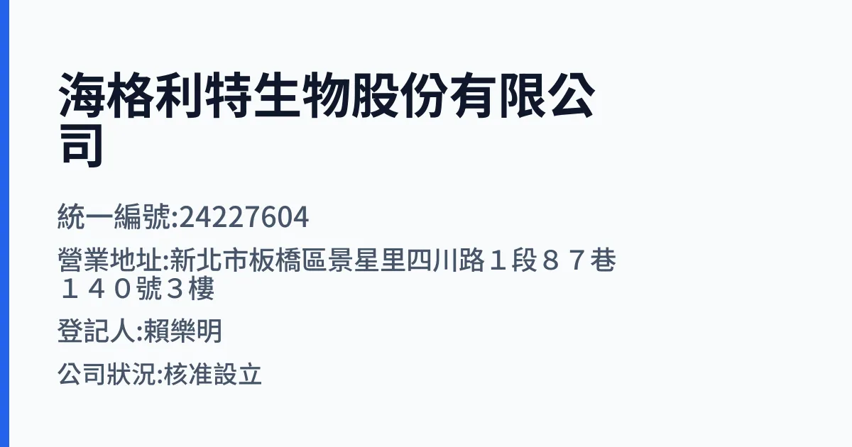 海格利特生物股份有限公司 - 統編 24227604(新北市) 公司登記資料與營業項目詳細圖表