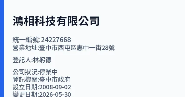 鴻相科技有限公司的照片-統編 24227668(臺中市) 公司登記資料與營業項目詳細圖表
