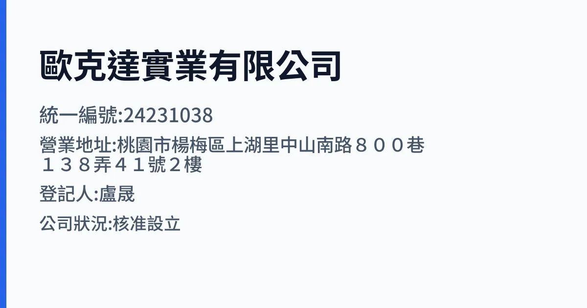 歐克達實業有限公司 - 統編 24231038(桃園市) 公司登記資料與營業項目詳細圖表