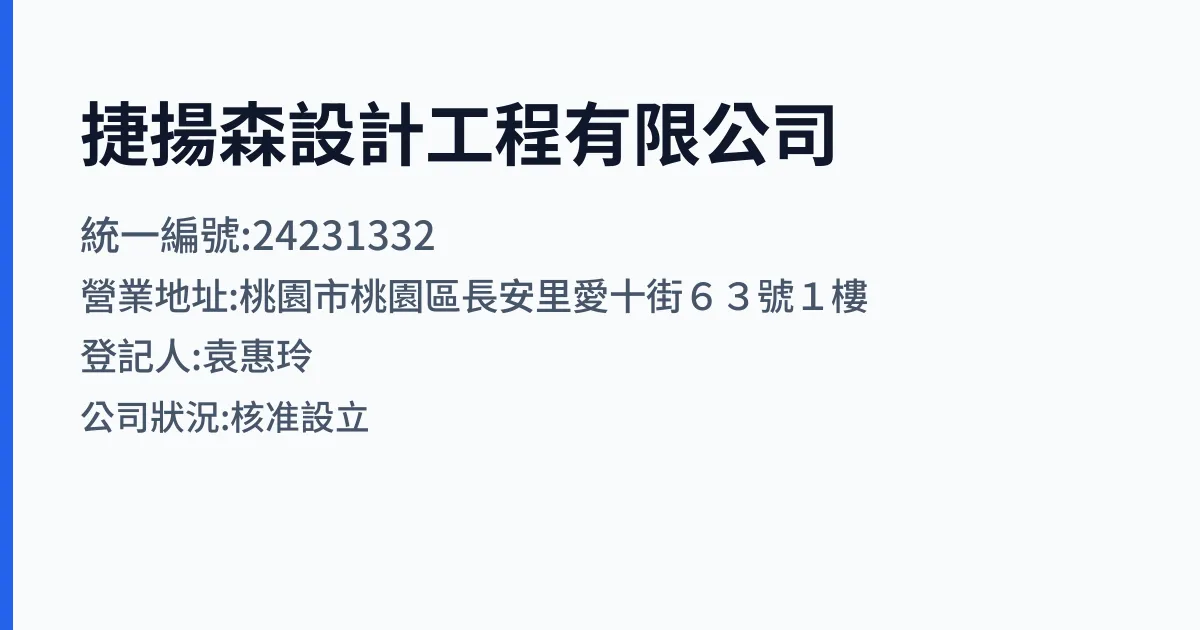 捷揚森設計工程有限公司 - 統編 24231332(桃園市) 公司登記資料與營業項目詳細圖表