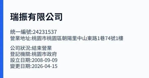 瑞振有限公司的照片-統編 24231537(桃園市) 公司登記資料與營業項目詳細圖表
