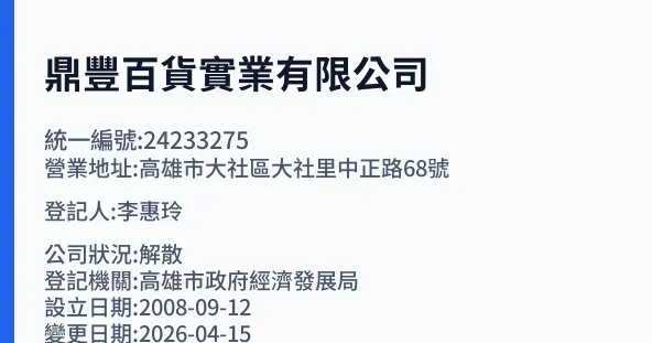 鼎豐百貨實業有限公司的照片-統編 24233275(高雄市) 公司登記資料與營業項目詳細圖表