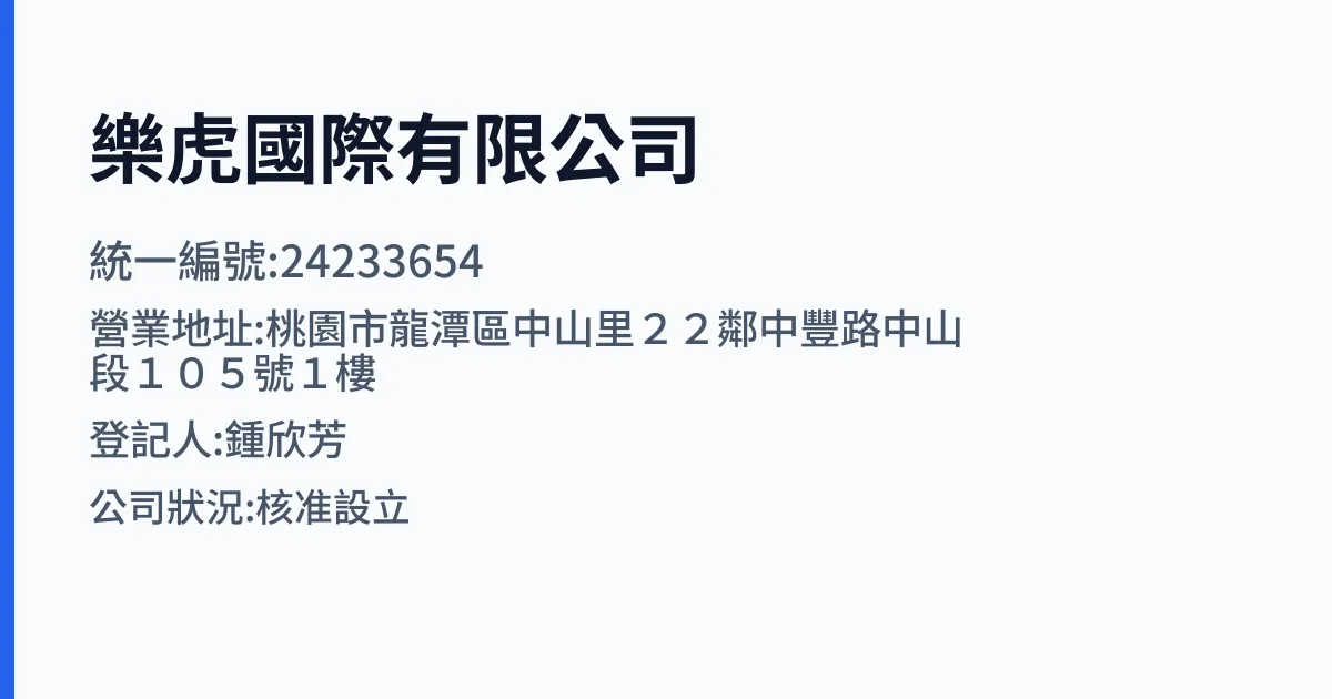 樂虎國際有限公司 - 統編 24233654(桃園市) 公司登記資料與營業項目詳細圖表