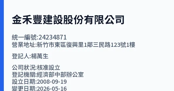 金禾豐建設股份有限公司的照片-統編 24234871(新竹市) 公司登記資料與營業項目詳細圖表