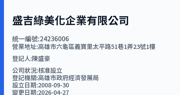 盛吉綠美化企業有限公司的照片-統編 24236006(高雄市) 公司登記資料與營業項目詳細圖表