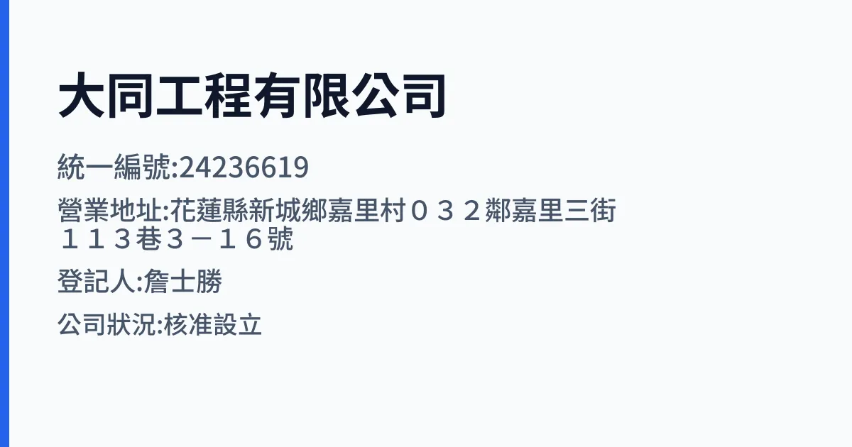 大同工程有限公司 - 統編 24236619(花蓮縣) 公司登記資料與營業項目詳細圖表