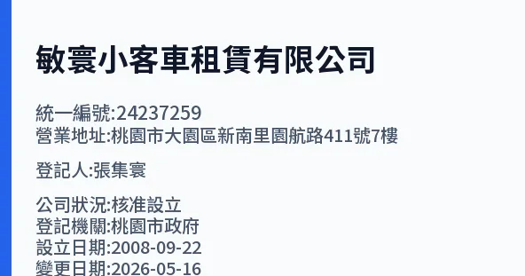 敏寰小客車租賃有限公司的照片-統編 24237259(桃園市) 公司登記資料與營業項目詳細圖表