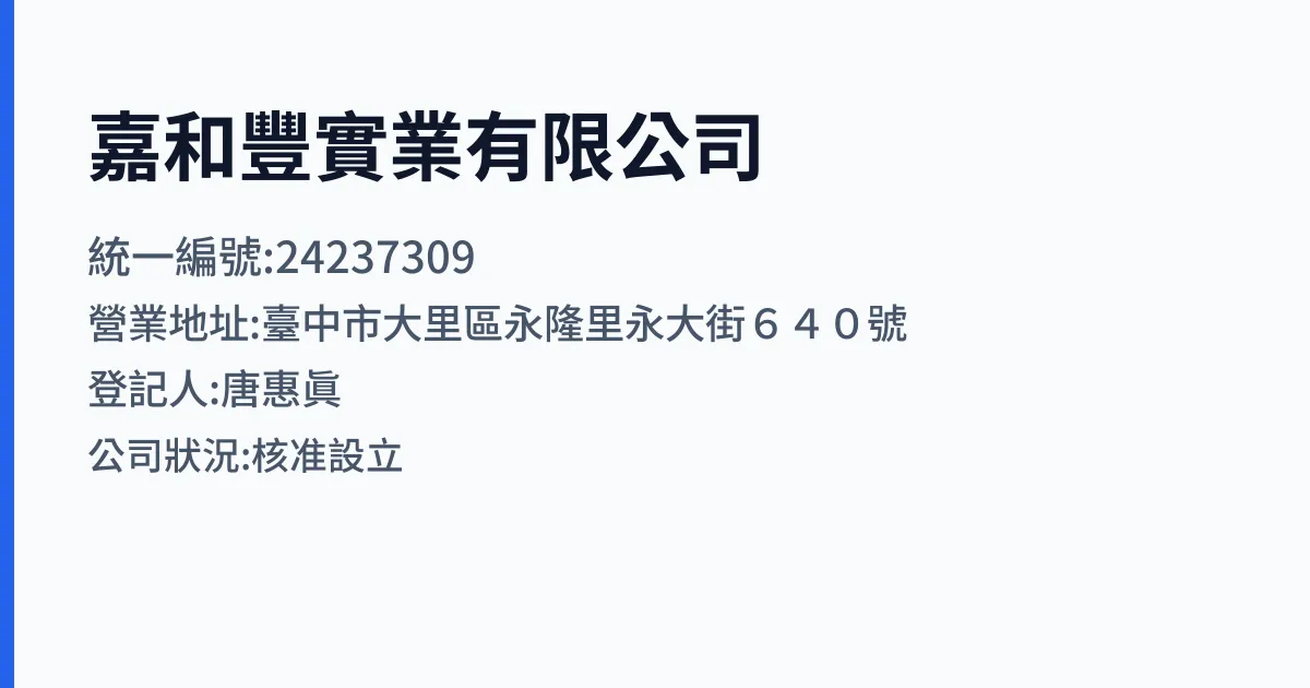 嘉和豐實業有限公司 - 統編 24237309（臺中市） 公司登記資料與營業項目詳細圖表