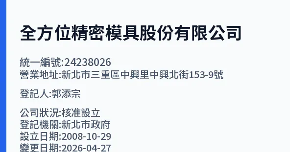全方位精密模具股份有限公司的照片-統編 24238026(新北市) 公司登記資料與營業項目詳細圖表