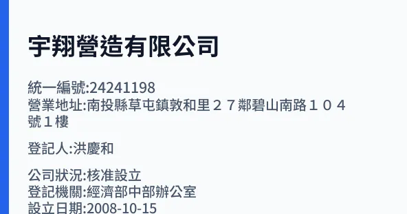 宇翔營造有限公司的照片-統編 24241198(南投縣) 公司登記資料與營業項目詳細圖表