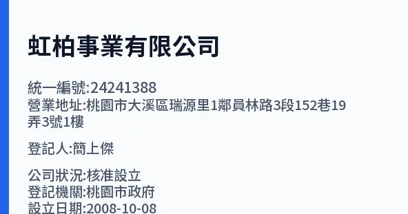 虹柏事業有限公司的照片-統編 24241388(桃園市) 公司登記資料與營業項目詳細圖表