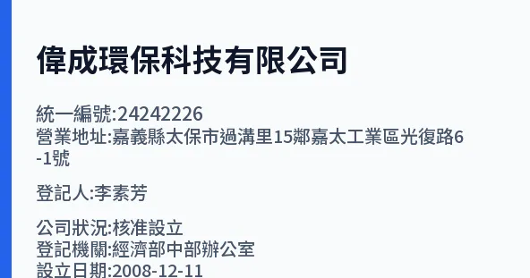 偉成環保科技有限公司的照片-統編 24242226(嘉義縣) 公司登記資料與營業項目詳細圖表