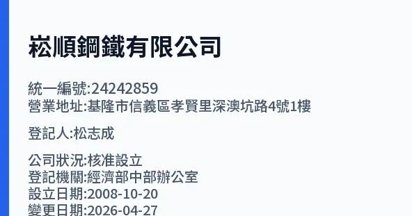 崧順鋼鐵有限公司的照片-統編 24242859(基隆市) 公司登記資料與營業項目詳細圖表