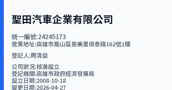 聖田汽車企業有限公司的照片-統編 24245173(高雄市) 公司登記資料與營業項目詳細圖表