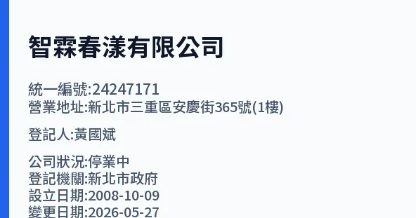 智霖春漾有限公司的照片-統編 24247171(新北市) 公司登記資料與營業項目詳細圖表