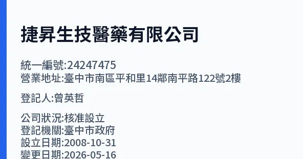 捷昇生技醫藥有限公司的照片-統編 24247475(臺中市) 公司登記資料與營業項目詳細圖表