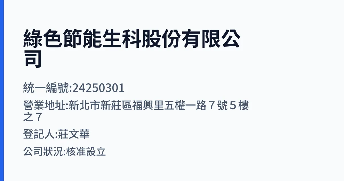 綠色節能生科股份有限公司 - 統編 24250301(新北市) 公司登記資料與營業項目詳細圖表
