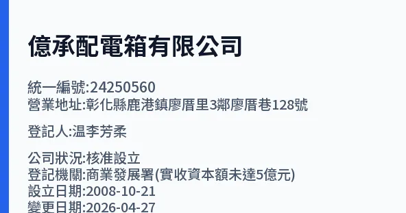 億承配電箱有限公司的照片-統編 24250560(彰化縣) 公司登記資料與營業項目詳細圖表