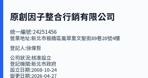 原創因子整合行銷有限公司的照片-統編 24251456(新北市) 公司登記資料與營業項目詳細圖表