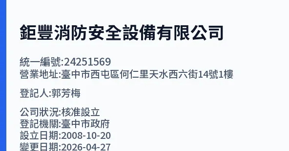 鉅豐消防安全設備有限公司的照片-統編 24251569(臺中市) 公司登記資料與營業項目詳細圖表