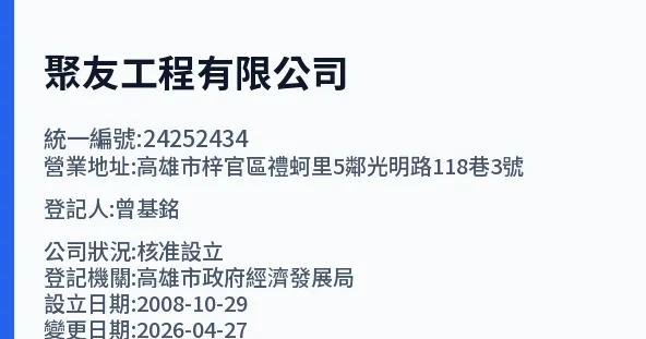 聚友工程有限公司的照片-統編 24252434(高雄市) 公司登記資料與營業項目詳細圖表