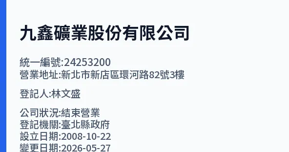 九鑫礦業股份有限公司的照片-統編 24253200(新北市) 公司登記資料與營業項目詳細圖表