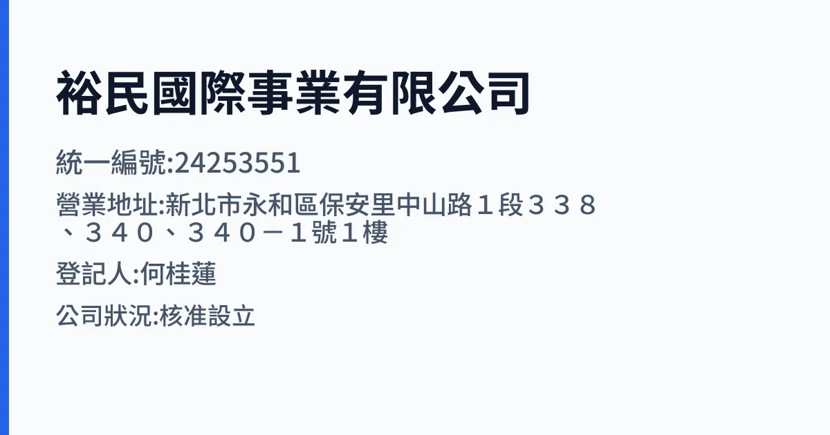 裕民國際事業有限公司 - 統編 24253551(新北市) 公司登記資料與營業項目詳細圖表
