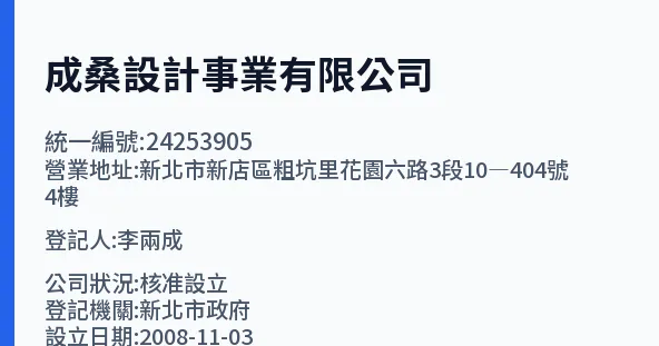 成桑設計事業有限公司的照片-統編 24253905(新北市) 公司登記資料與營業項目詳細圖表