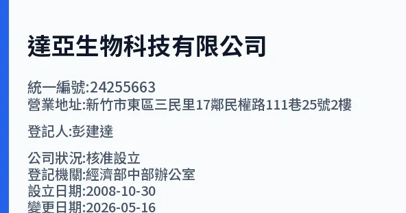 達亞生物科技有限公司的照片-統編 24255663(新竹市) 公司登記資料與營業項目詳細圖表
