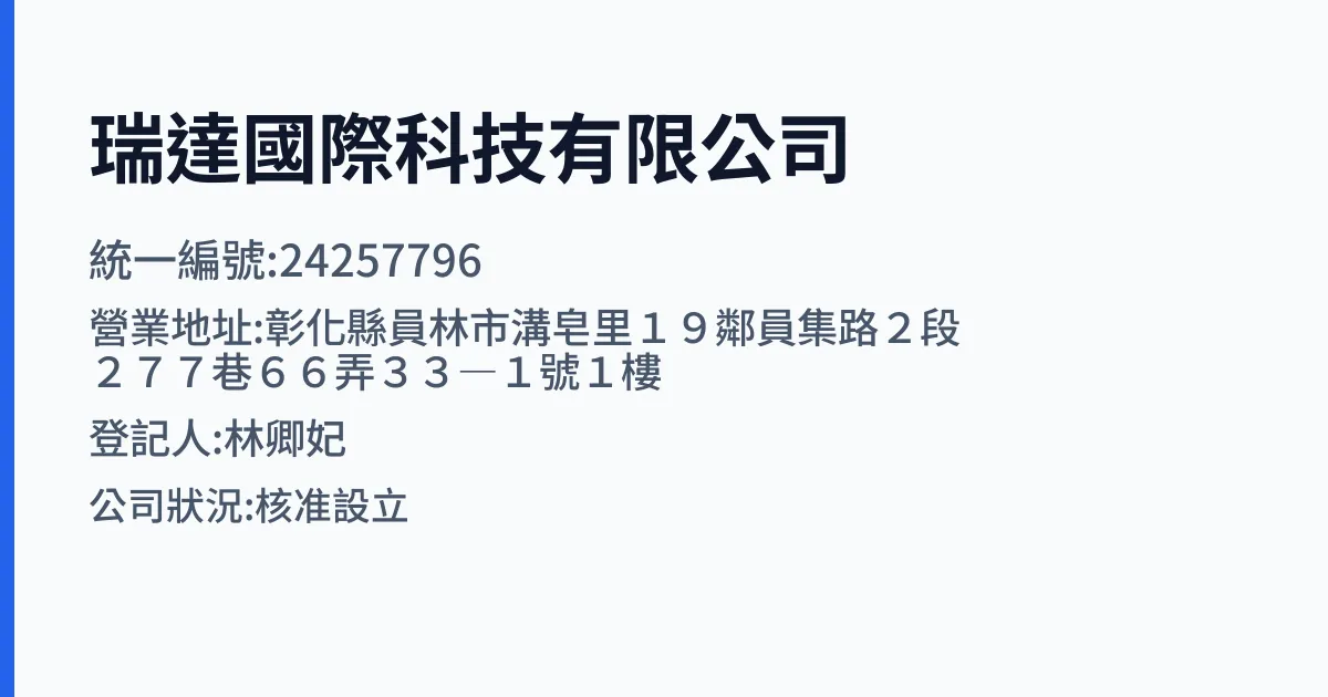 瑞達國際科技有限公司 - 統編 24257796(彰化縣) 公司登記資料與營業項目詳細圖表