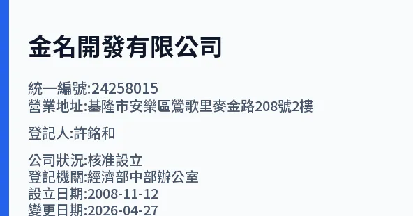 金名開發有限公司的照片-統編 24258015(基隆市) 公司登記資料與營業項目詳細圖表