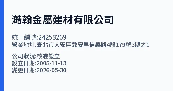 澔翰金屬建材有限公司的照片-統編 24258269 公司登記資料與營業項目詳細圖表