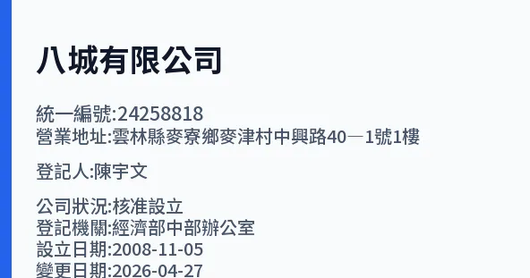 八城有限公司的照片-統編 24258818(雲林縣) 公司登記資料與營業項目詳細圖表