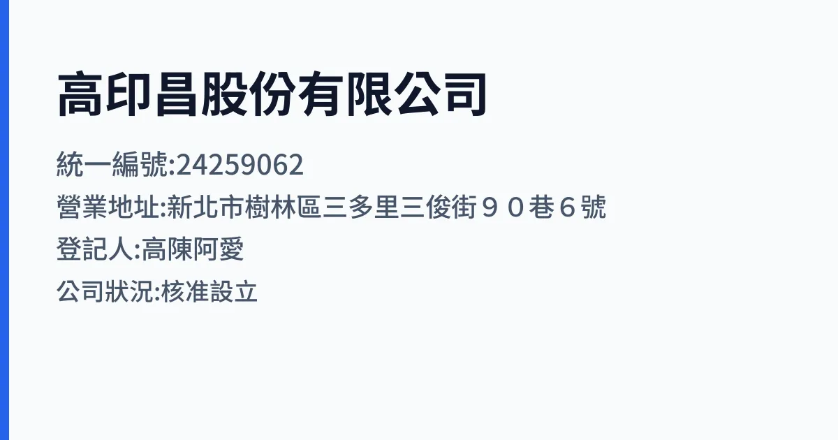 高印昌股份有限公司 - 統編 24259062(新北市) 公司登記資料與營業項目詳細圖表