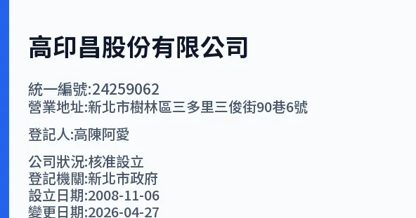 高印昌股份有限公司的照片-統編 24259062(新北市) 公司登記資料與營業項目詳細圖表