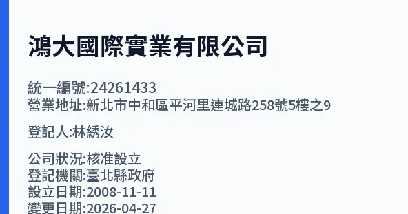 鴻大國際實業有限公司的照片-統編 24261433(新北市) 公司登記資料與營業項目詳細圖表