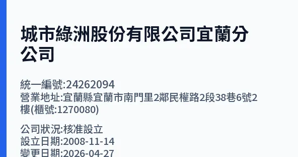 城市綠洲股份有限公司宜蘭分公司的照片-統編 24262094(宜蘭縣) 公司登記資料與營業項目詳細圖表